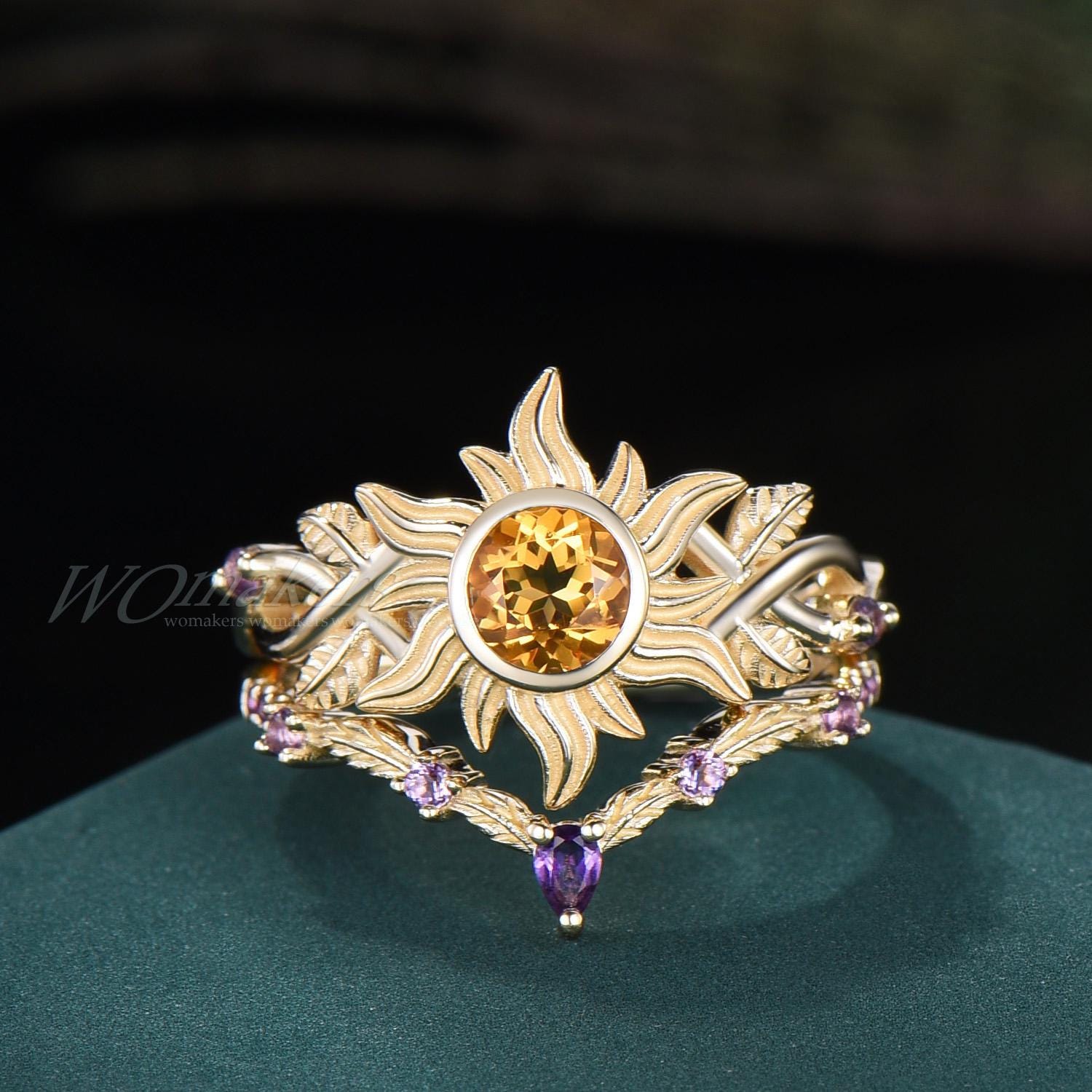 Tangled Sun Bridal Ring Set Vine Leaf Round Citrine Engagement Ring ...