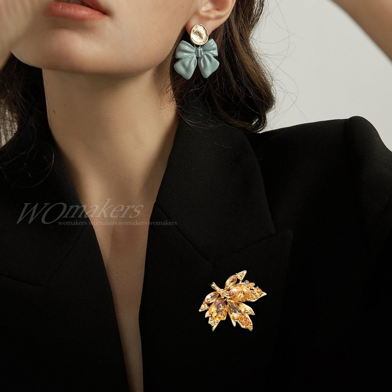 Maple Leaf Natural Citrine Brooch Pear Cut Solid Gold Autumn Leaf Lapel ...