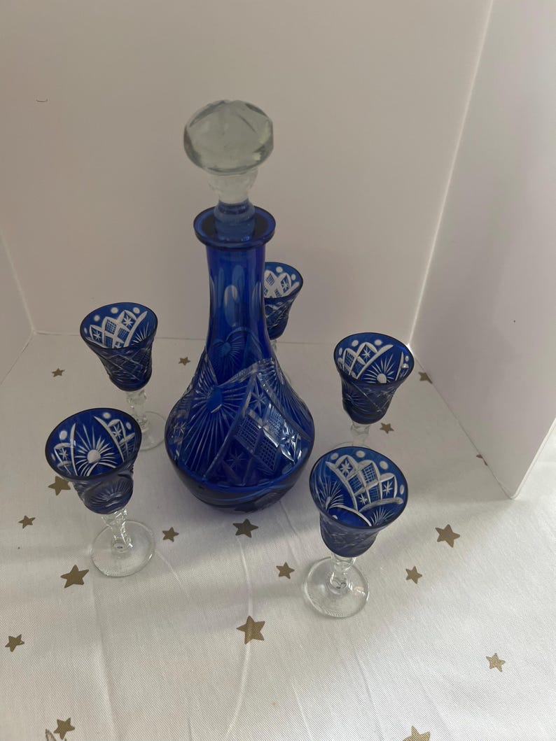 Vintage Bohemian Cobalt Blue Crystal Decanter and 5 Cordial Glasses - Etsy