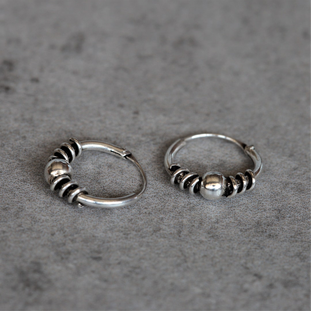 Sterling Silver Bali Hoops, 12mm Bali Ball Hoops, Oxidized Bali Hoops ...
