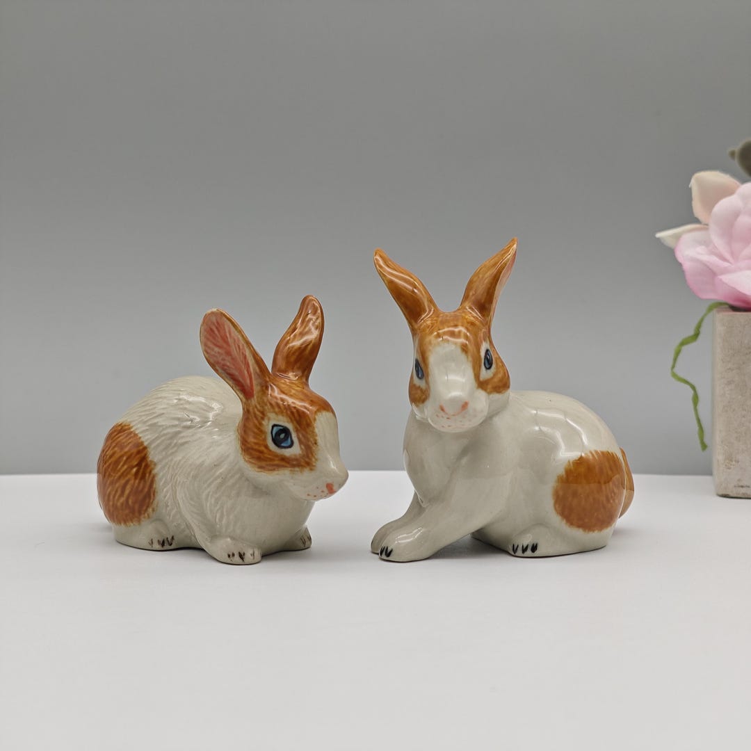 Set of 2 Ceramic Rabbit Figurine-brown White Ceramic Porcelain Rabbit ...
