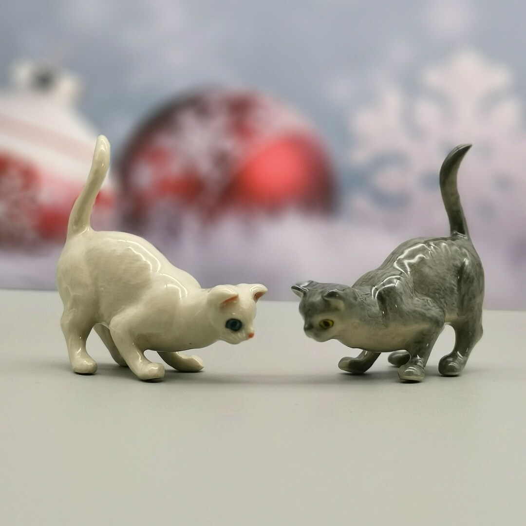 Set of 2 Ceramic Cat Figurines, White Cat, Silver Korat Cat, Porcelain ...