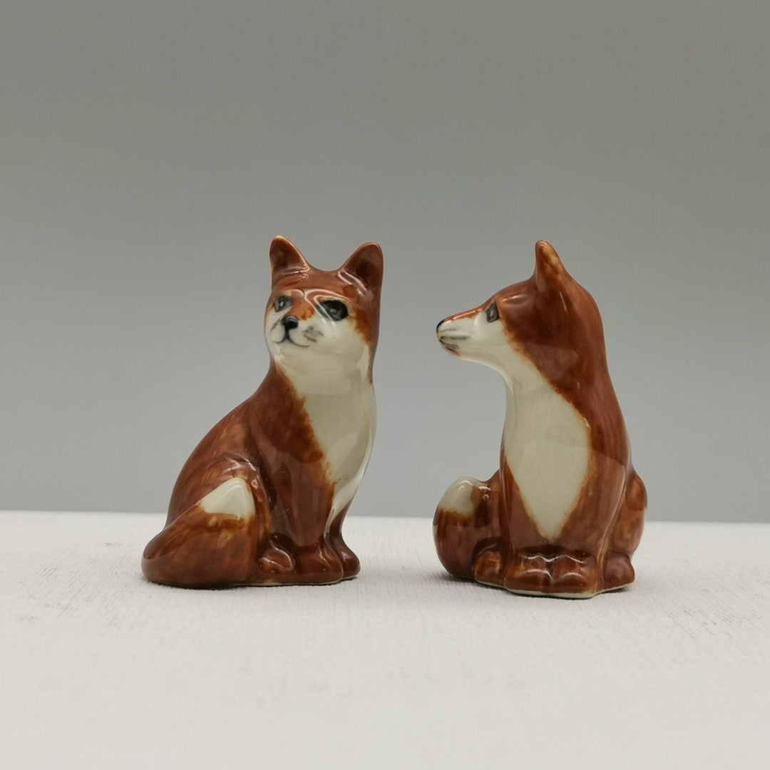 Set of 2 Brown Fox Figurine Statues, Miniature Ceramic Fox, Fox Gifts ...