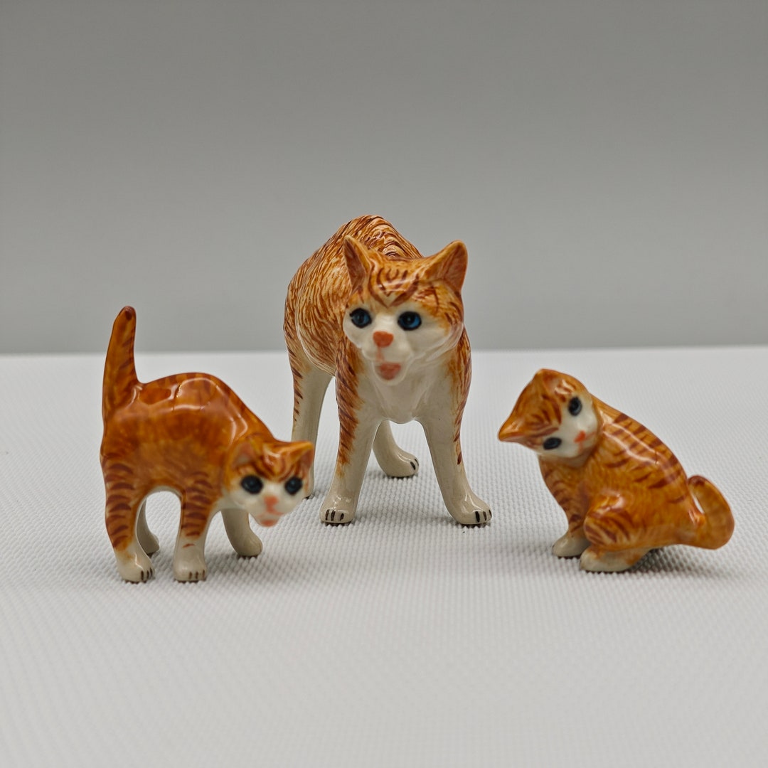 Handmade Miniature Ceramic Cat Figurines - Set of 3 Orange Tabby ...