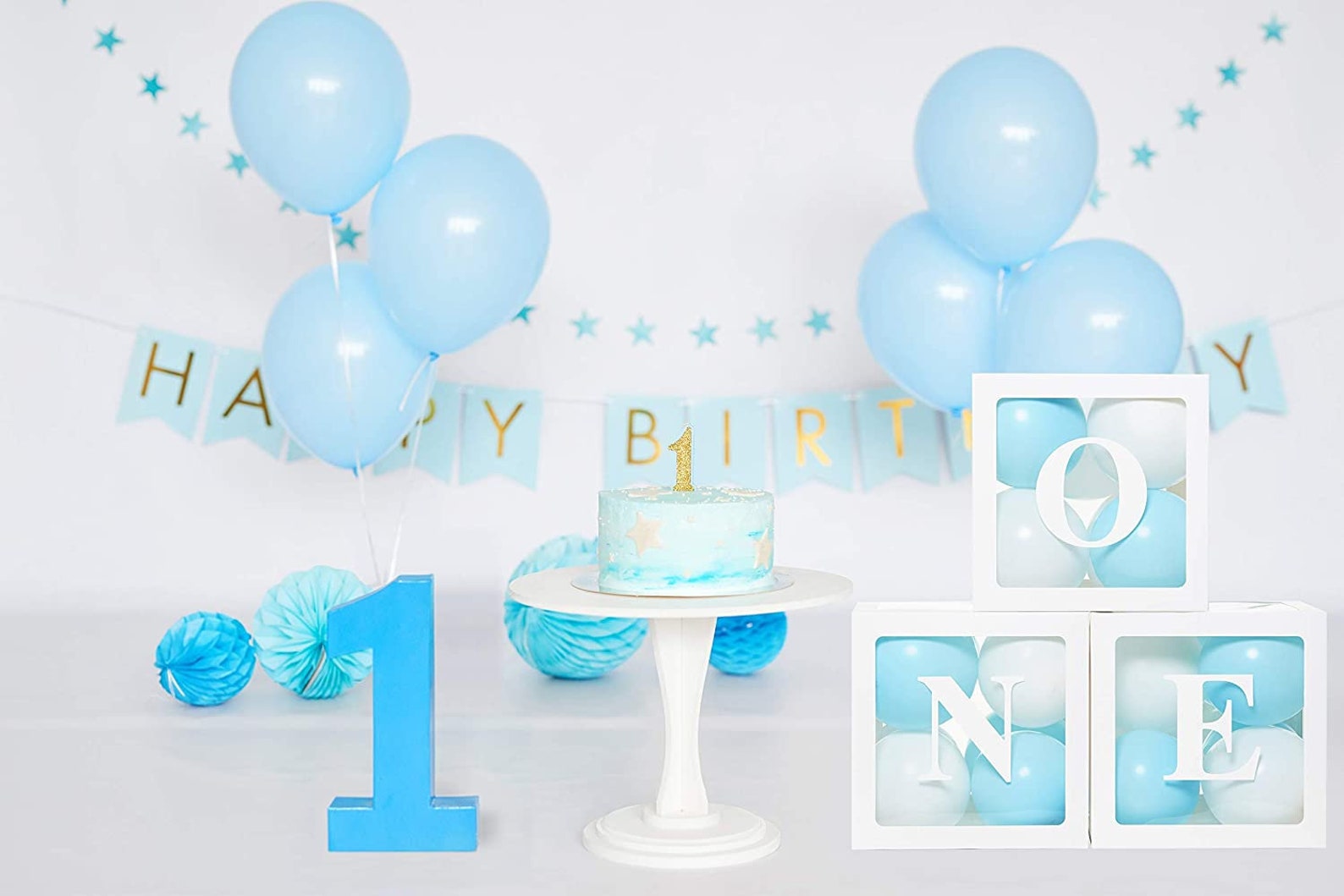 First Birthday Balloon 'ONE' Boxes for Baby Boy WITH 24 Balloons | Baby ...
