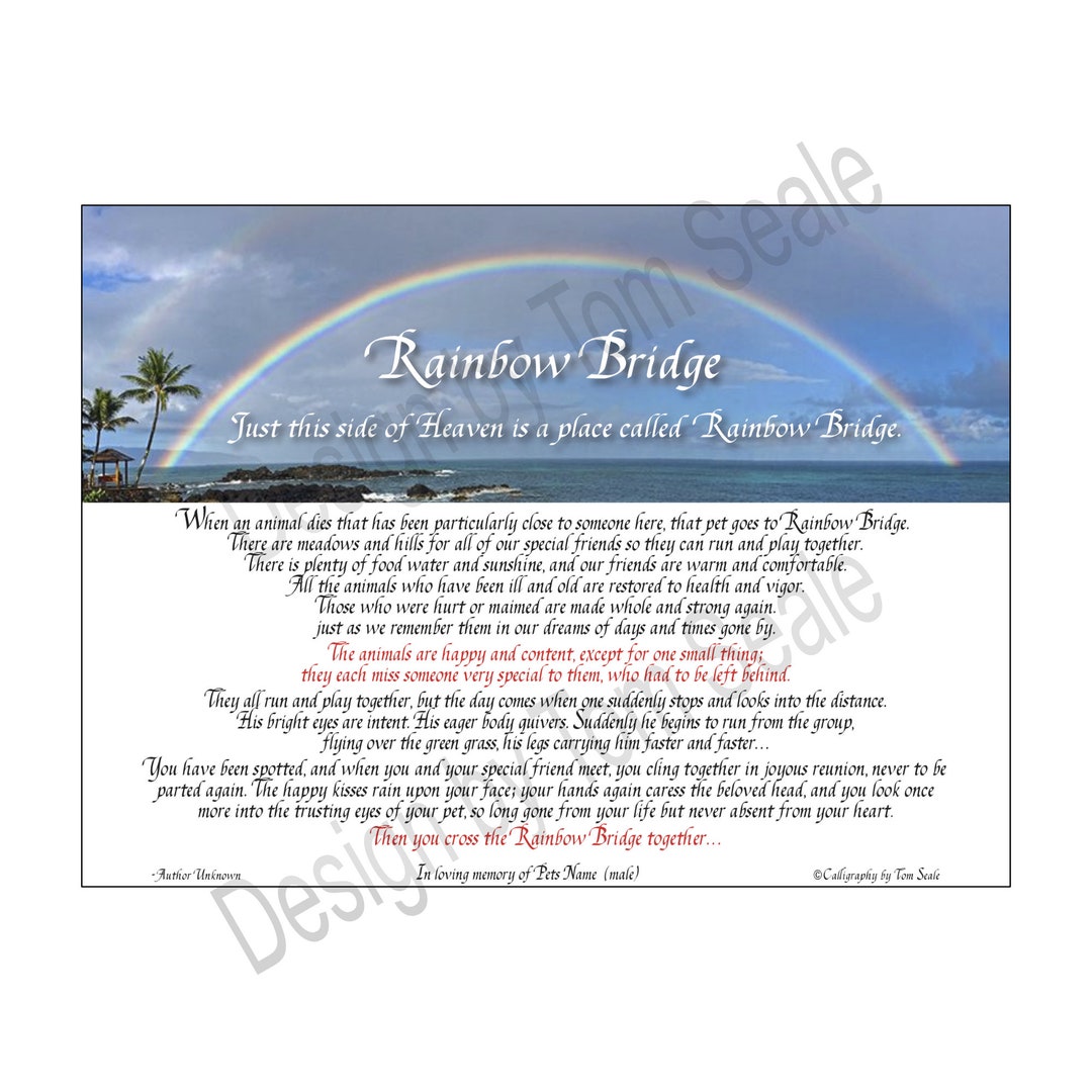 Rainbow Bridge (in Memoriam of a Favorite Pet) Customized Calligraphy ...