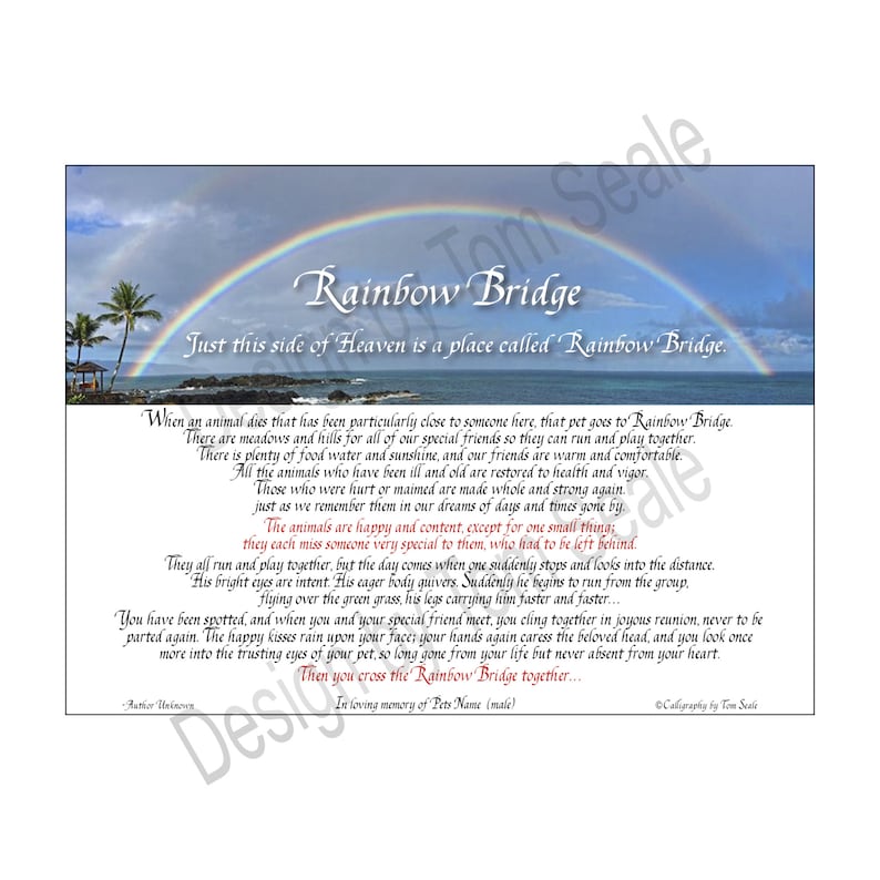 Rainbow Bridge (in Memoriam of a Favorite Pet) Customized Calligraphy ...