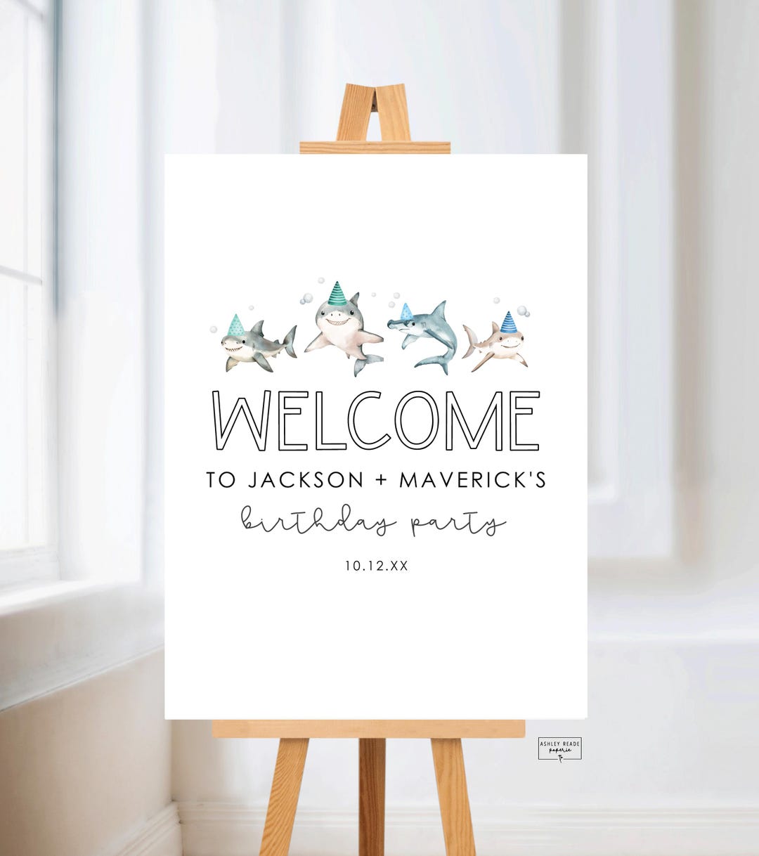 Welcome Sign - Modern Joint Birthday Party - Shark Theme - Jaw-some ...