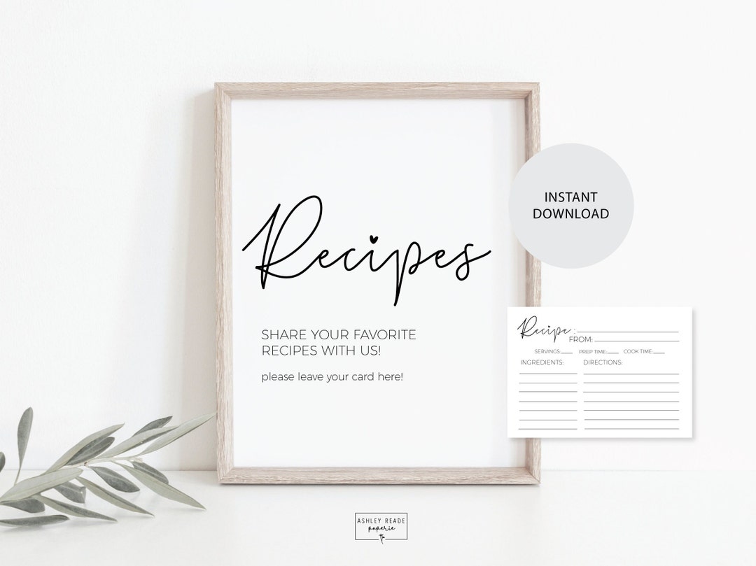 Black and White Script Heart - Recipe Sign and Matching Recipe Cards ...