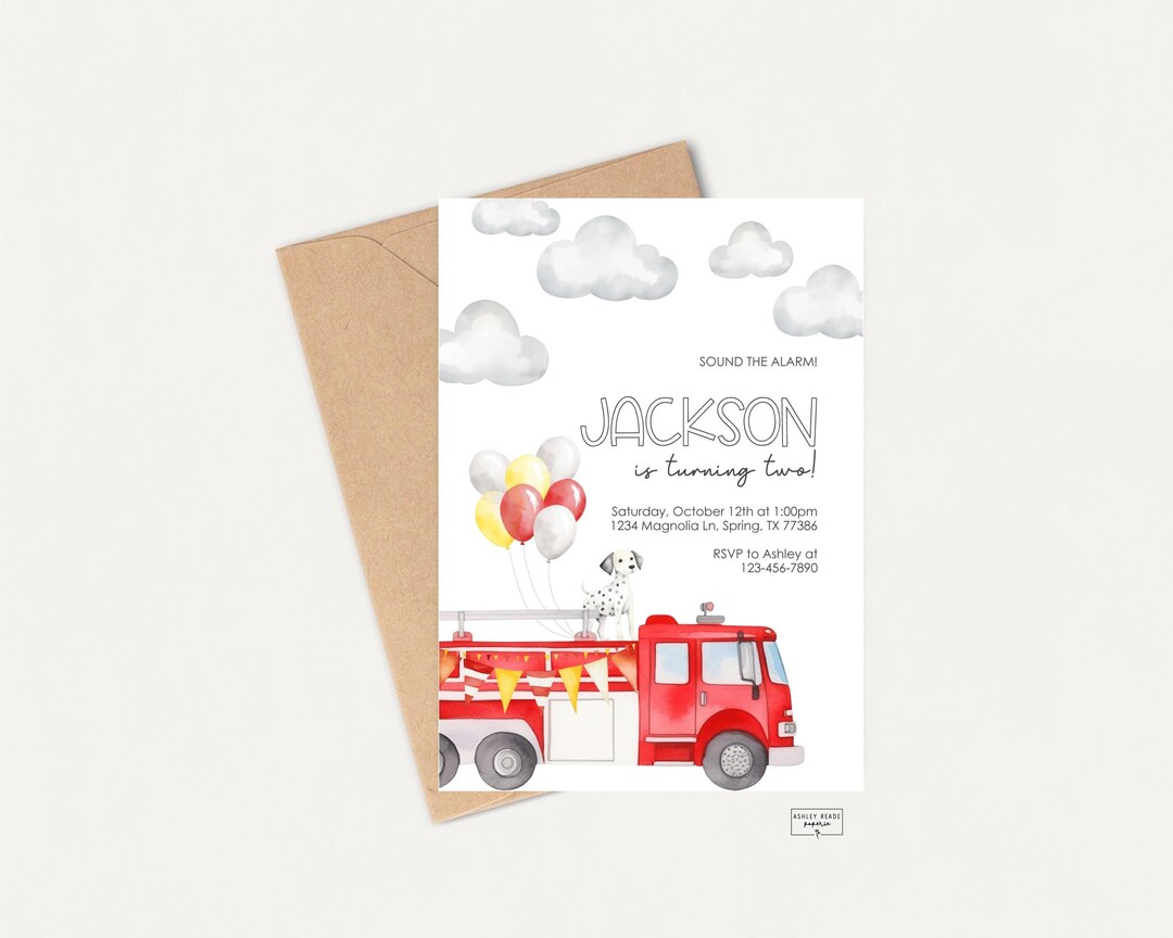 Birthday Party Invitation - Fire Truck Theme - Personalized Invitation ...