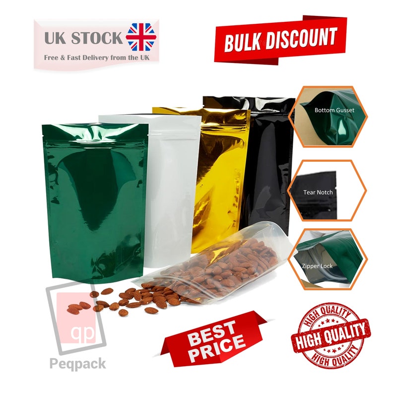 Glossy Shiny Metallised Foil Mylar Packing Bags Heat Sealable Zip Lock ...