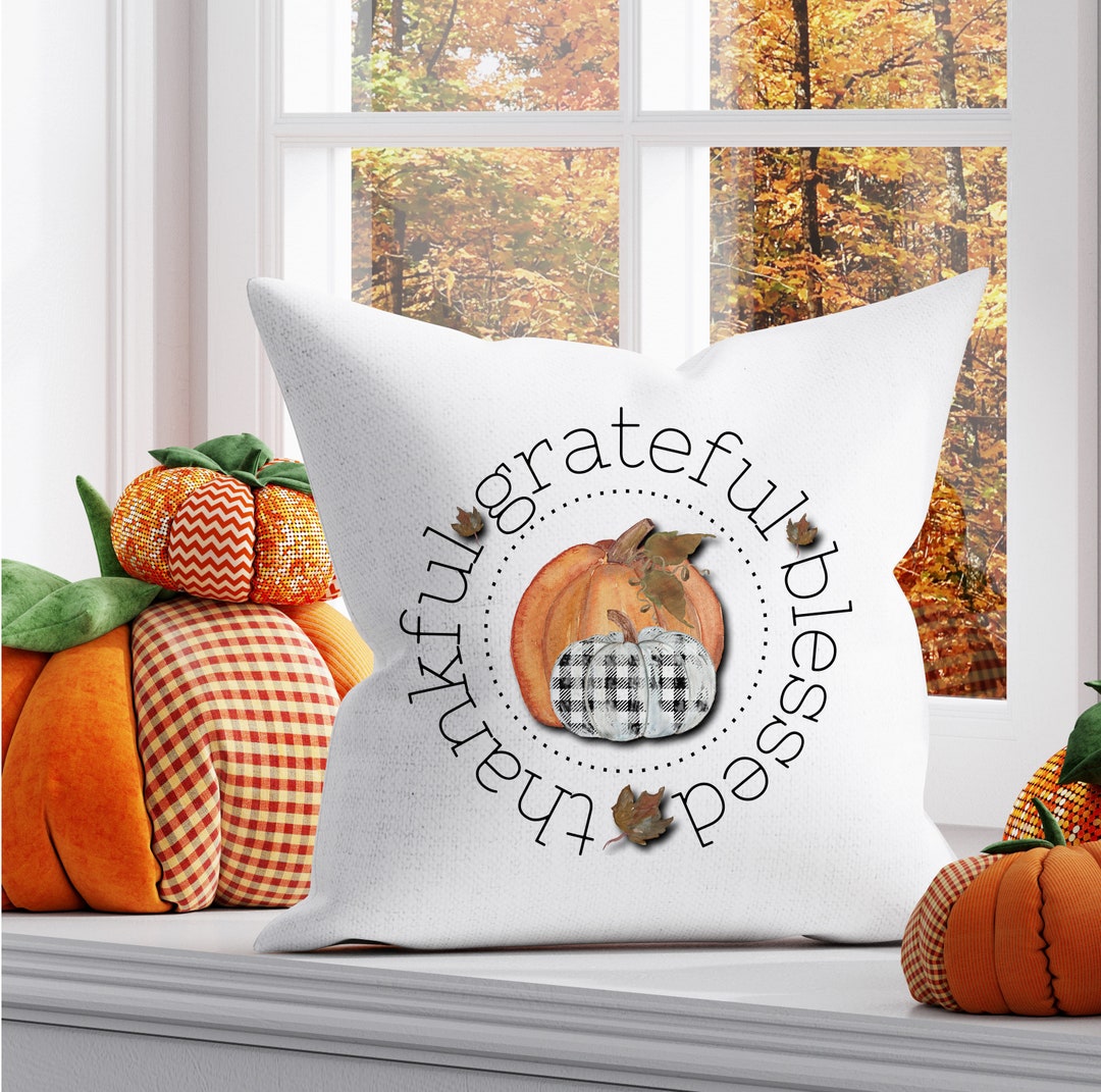 Pumpkin Decor Cushion Cover, Thankful Blessed Grateful Fall Decor, 16 X ...