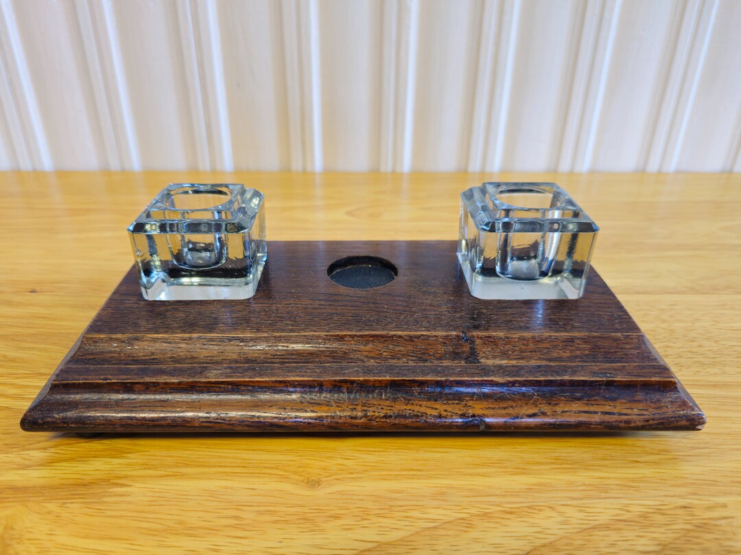 Antique Wooden Desktop Inkwell Stand With 2 X Glass Inkwells + Pen Tray ...