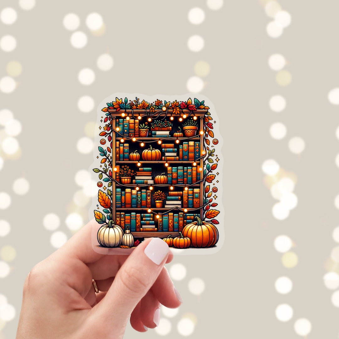 Fall Bookcase With Pumpkins and Fairy Lights Waterproof Sticker Cute ...