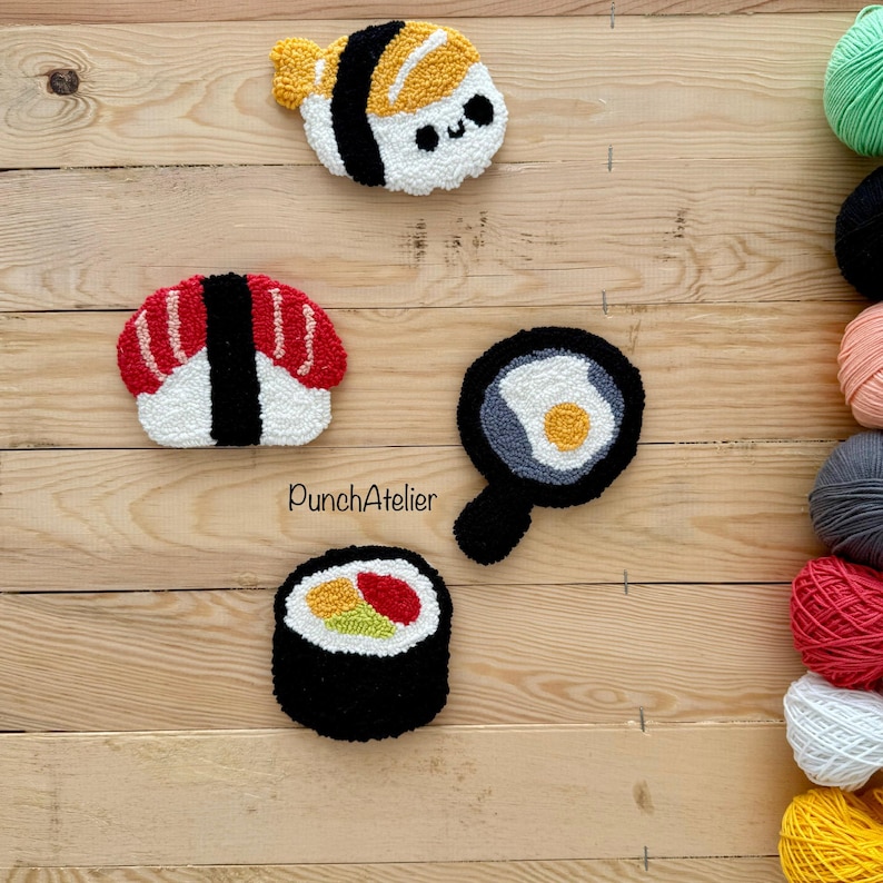 Sushi Diy Punch Needle Coaster Kit/beginner Embroidery Yarn Art/diy Kit ...