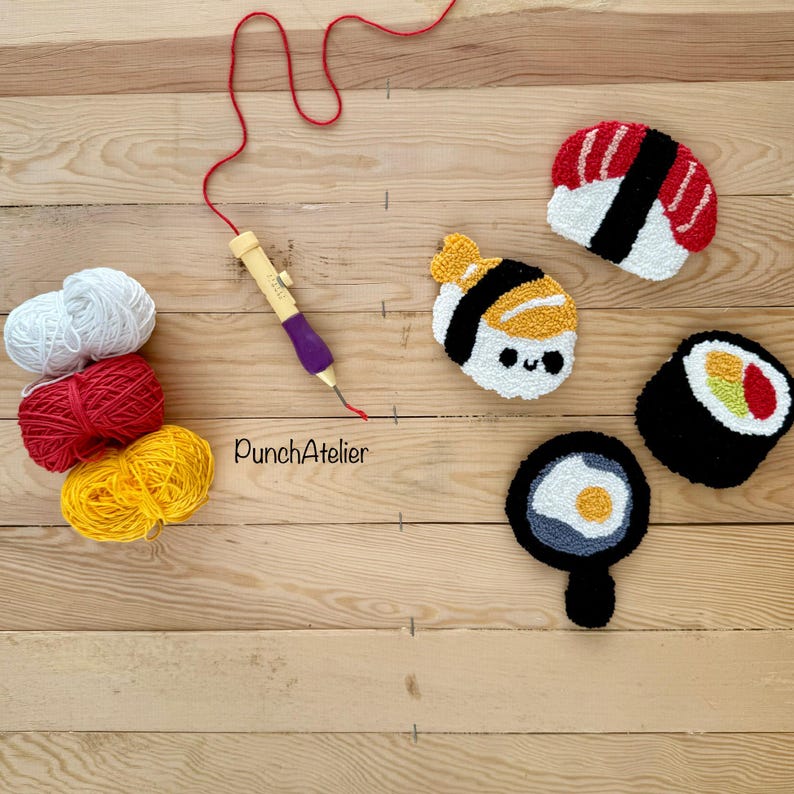 Sushi Diy Punch Needle Coaster Kit/beginner Embroidery Yarn Art/diy Kit ...