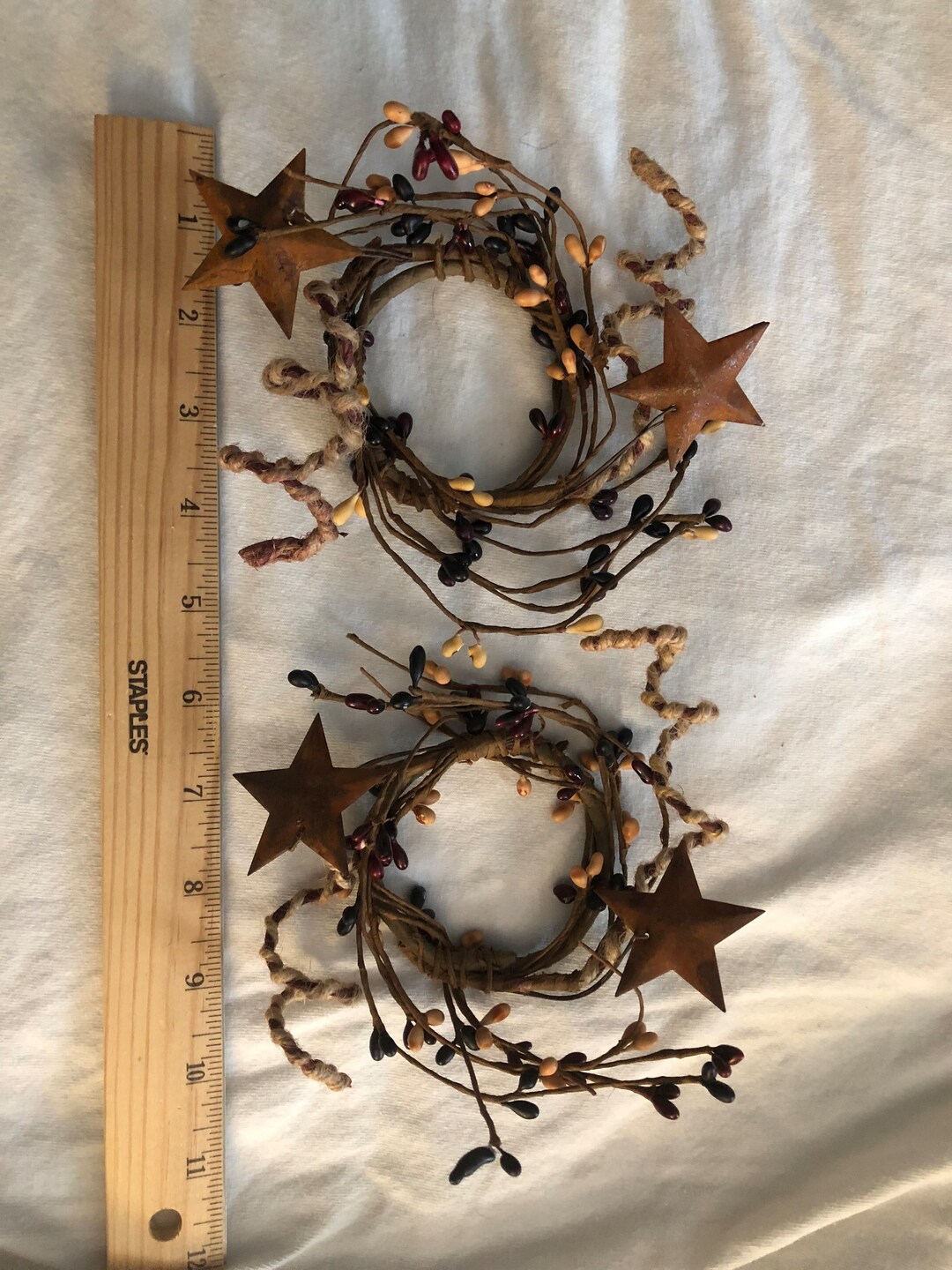 Pair of PRIMITIVE Pip Berry Candle Rings W/twine Twig Rust Star 2.5 ...