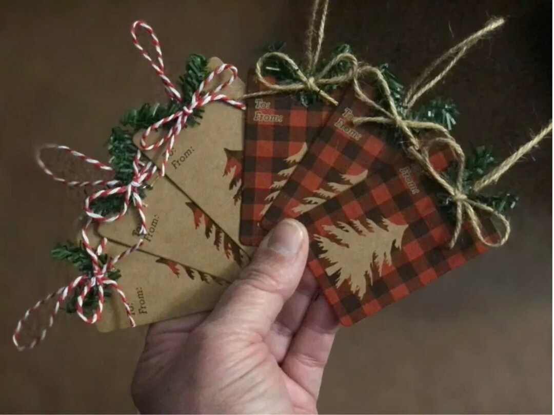 Set of 6 Pine Tree Hang Tags Buffalo Checked Country Christmas Rustic ...