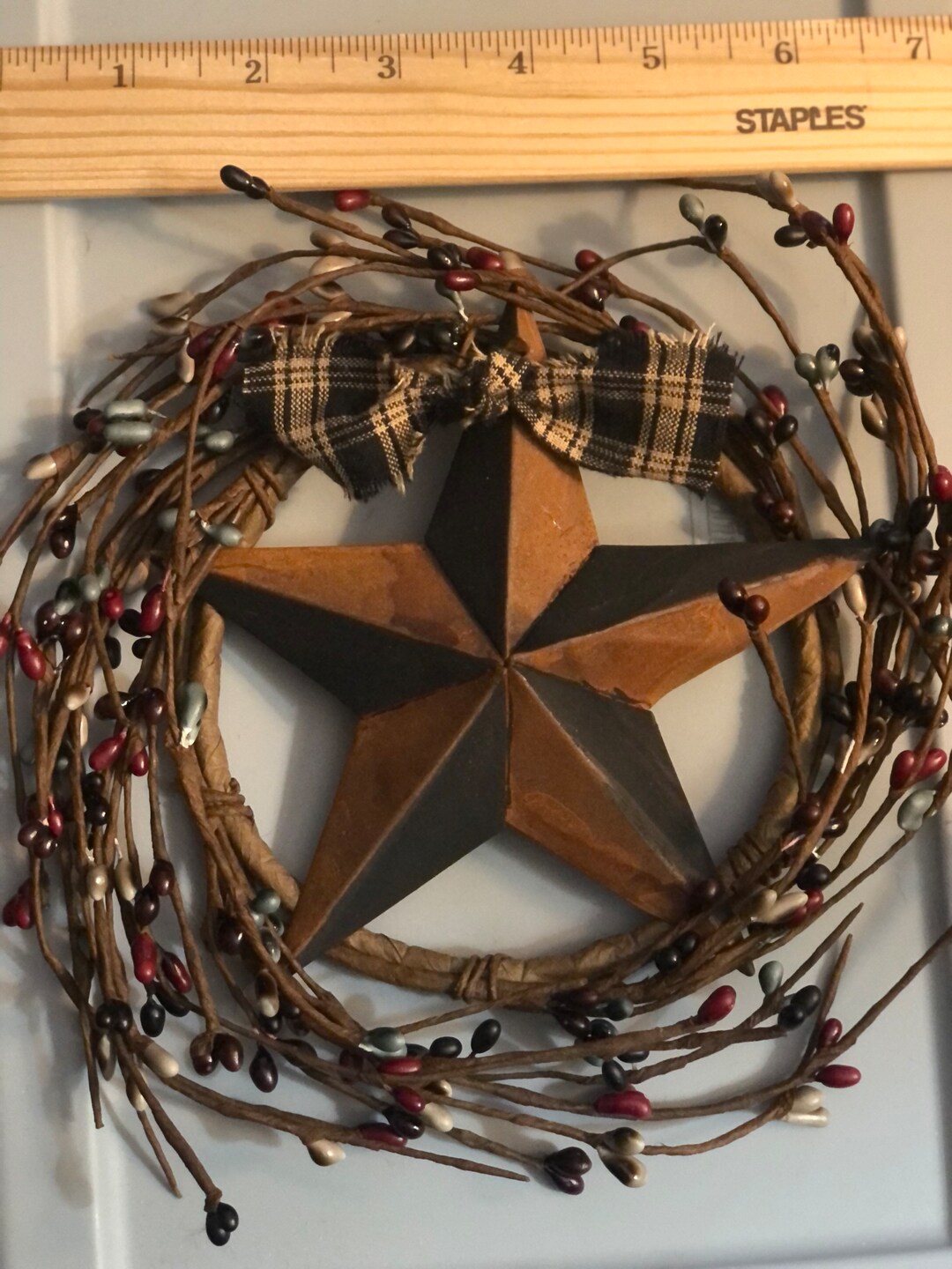 7” Primitive Pip Berry Ring 5.5” Metal Star Prim Rustic Bow Farmhouse ...