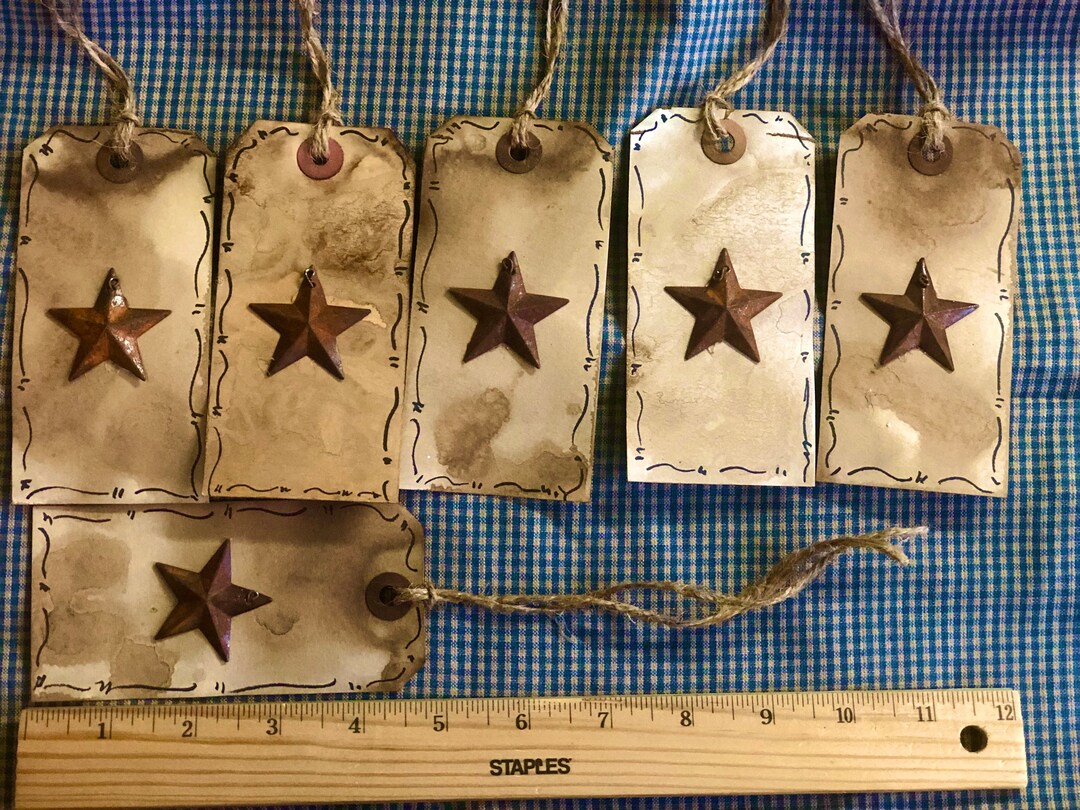 Primitive Decor Set of 6 Stained Hang Tags W/ Barn Star W/ or W/o Jute ...