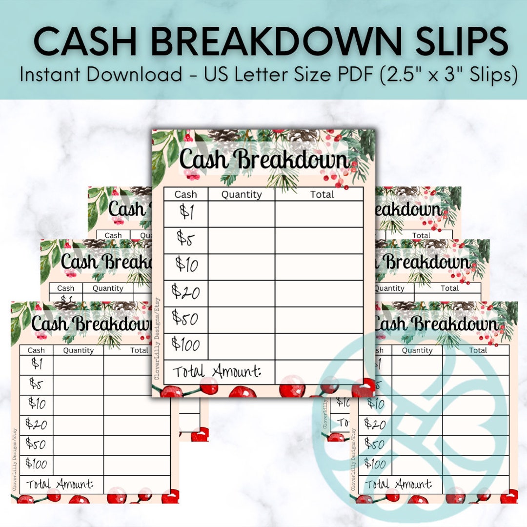 PRINTABLE Winter Holiday Christmas Cash Breakdown Slips for Bank Teller ...