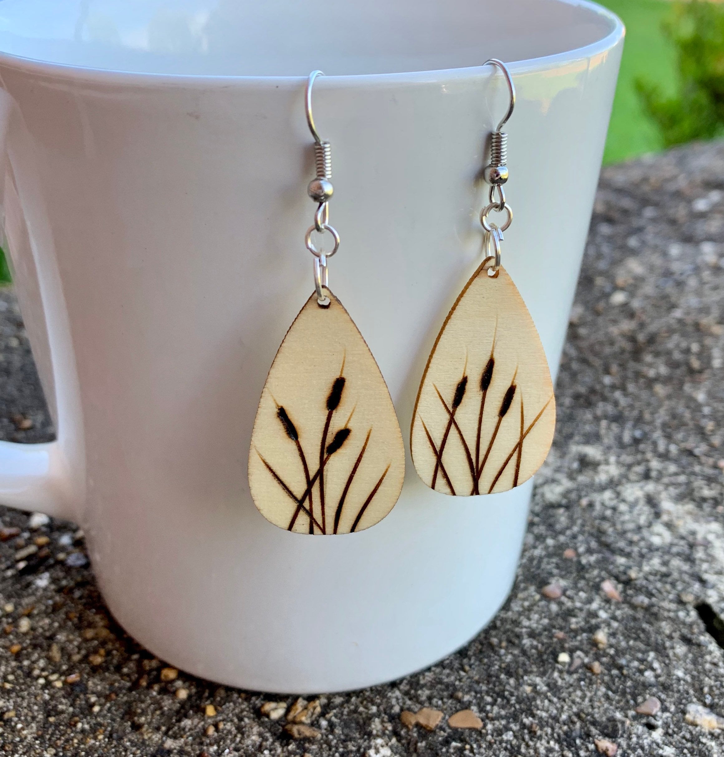 Wood Burned Earrings Cattail Earrings Teardrop Wood - Etsy