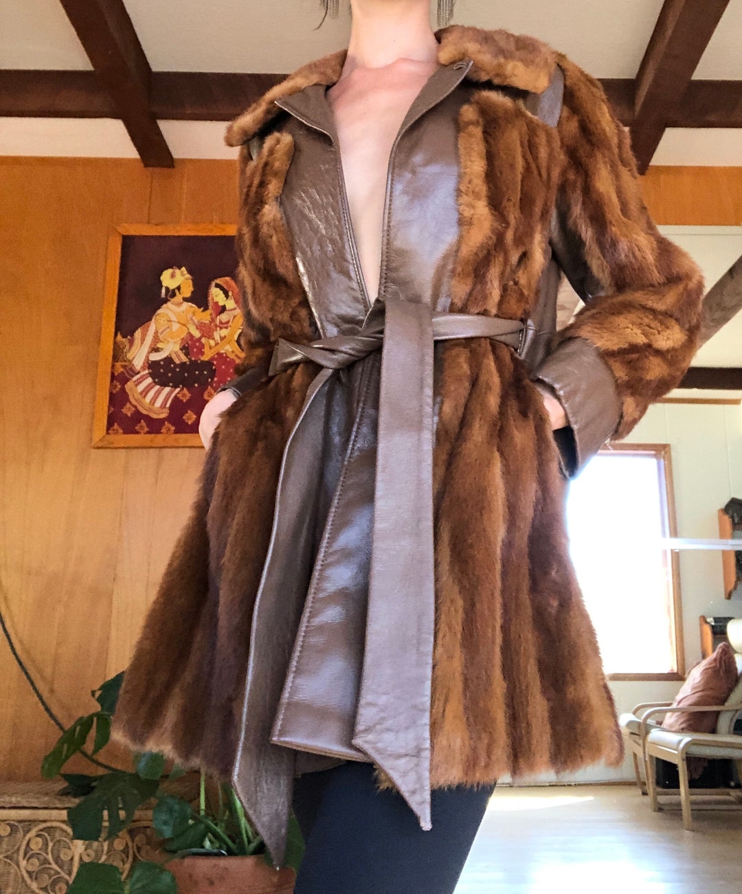 Vintage Mink Leather Coat / Small/ Brown Mink Coat / Tie Waist Mink Fur ...