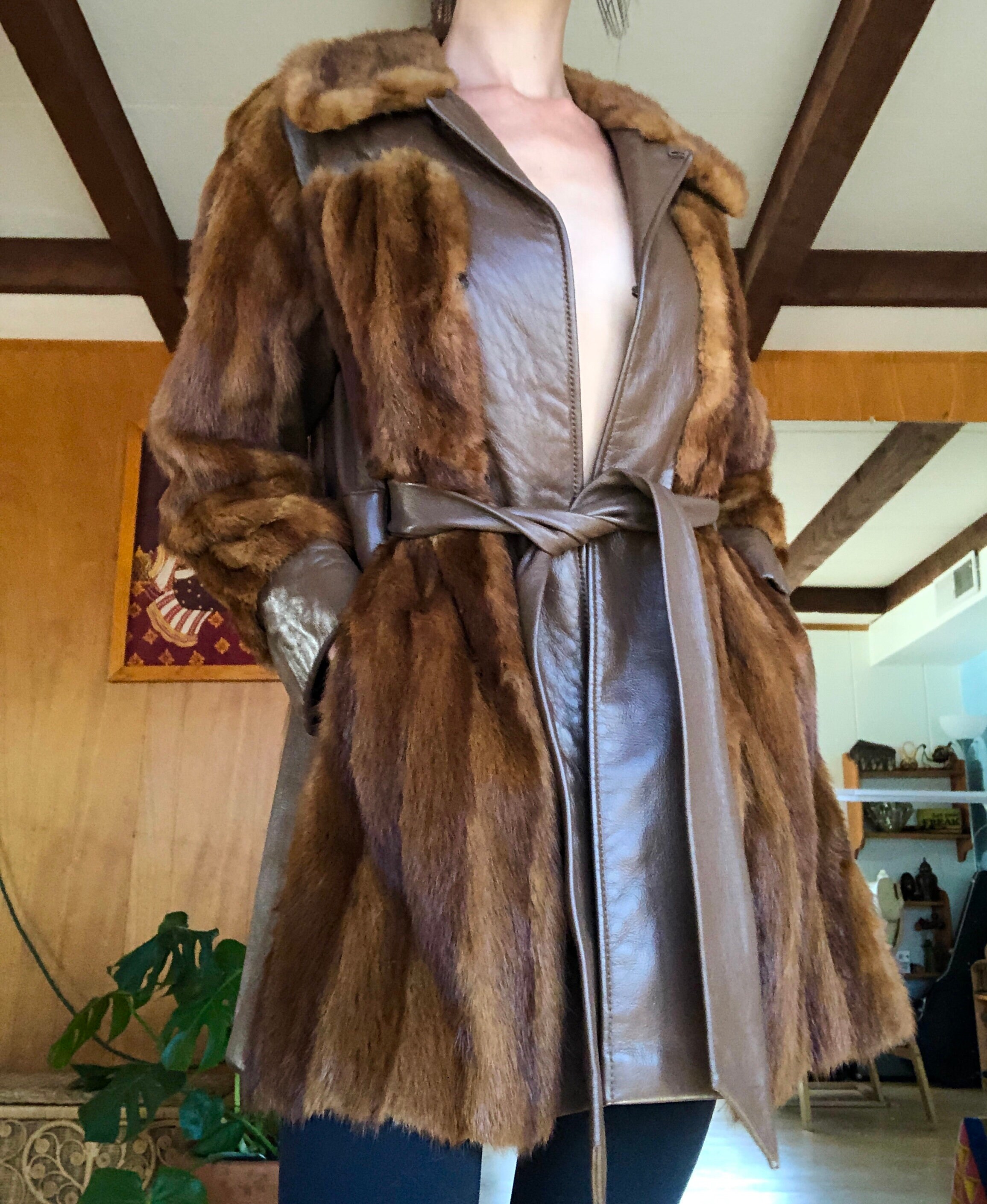 Vintage Mink Leather Coat / Small/ Brown Mink Coat / Tie Waist Mink Fur ...