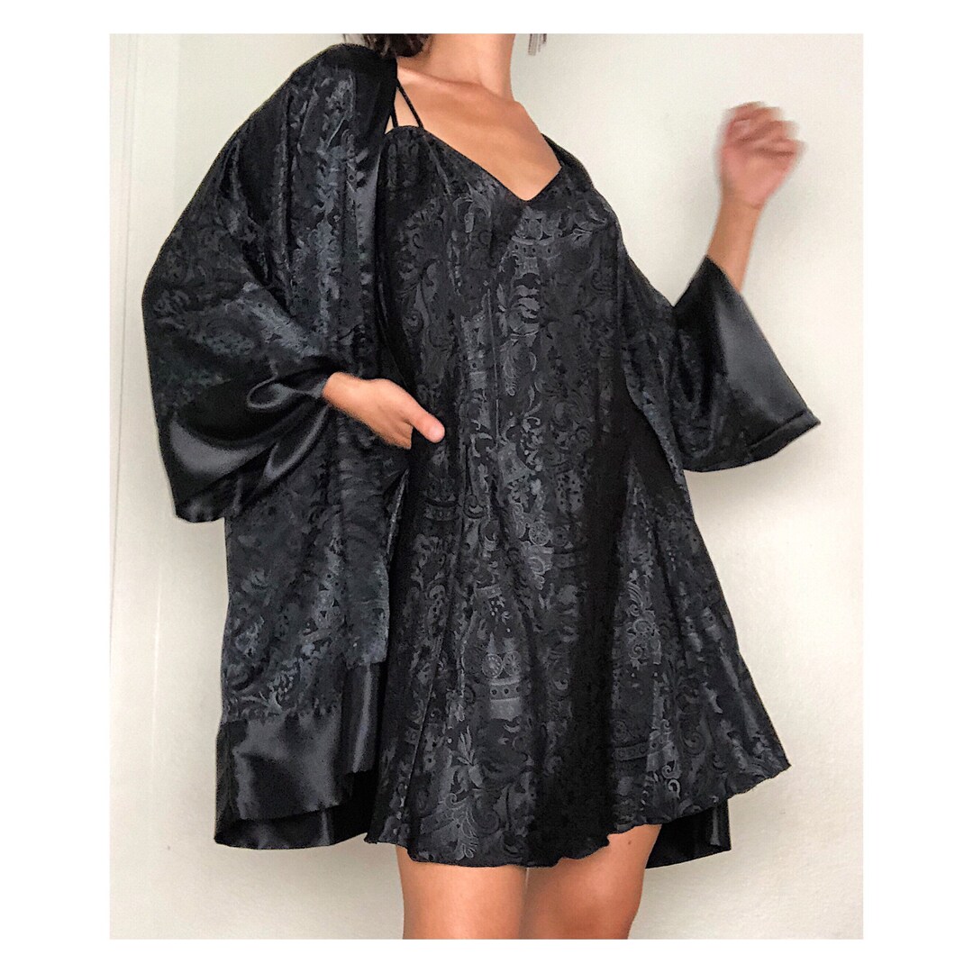 80s Black Slip Dress Robe Set / Large / Gold Tag VS Set / Black ...