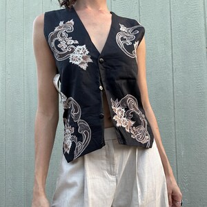 Black Cotton Vest / S/M / Vintage Black Embroidered Vest / Boho ...