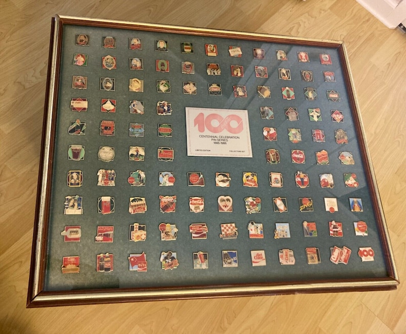 Vintage Framed Coca-cola 100th Anniversary 101 Pin Badges Set Limited ...