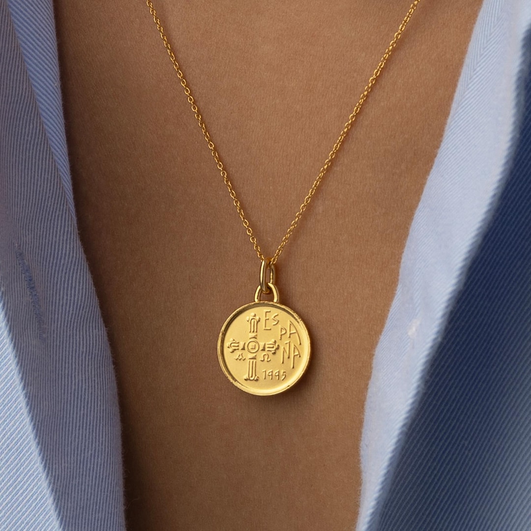 18K Gold Plated Spanish Coin Necklace: Lucky 5 Pesetas Asturias Cross ...
