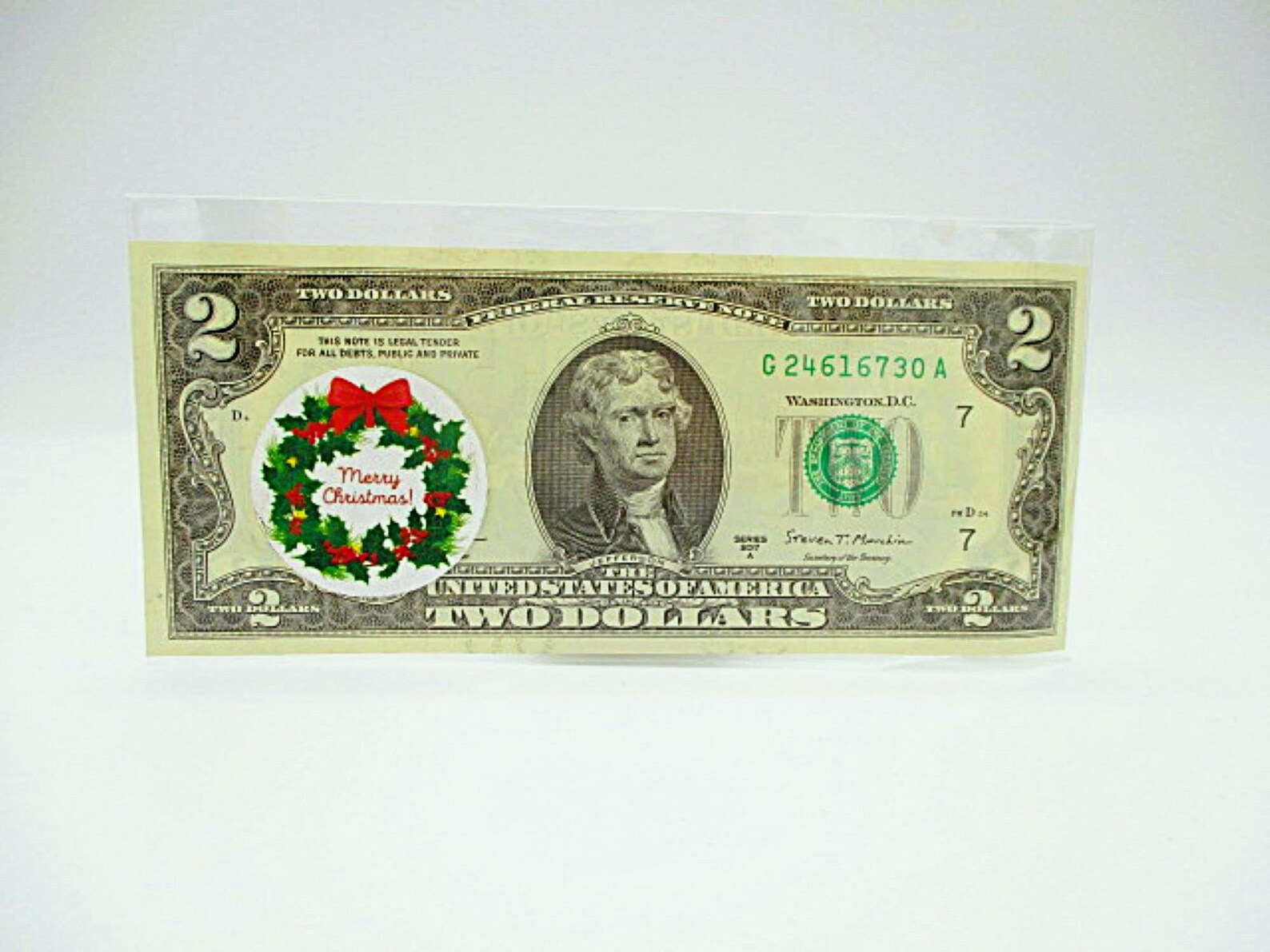 Merry Christmas Wreath Two Dollar Bill Uncirculated Genuine US Currency ...
