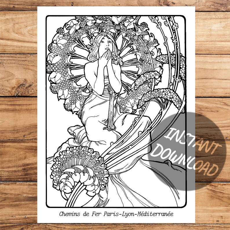 Alphonse Mucha Coloring Pages, Adult Colouring Lockdown Gift for Social ...