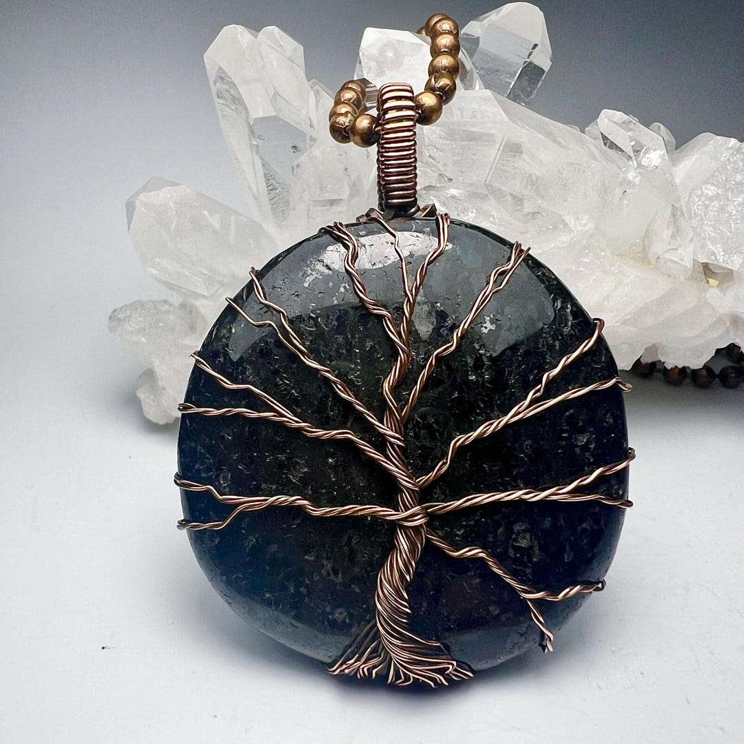 Tree of Life Necklace, Indian Nuummite, Coppernite Stone Wire Wrap ...