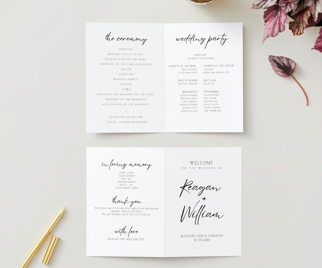 Modern Wedding Program With Chiffon Ribbon, Customizable, Made to Order ...