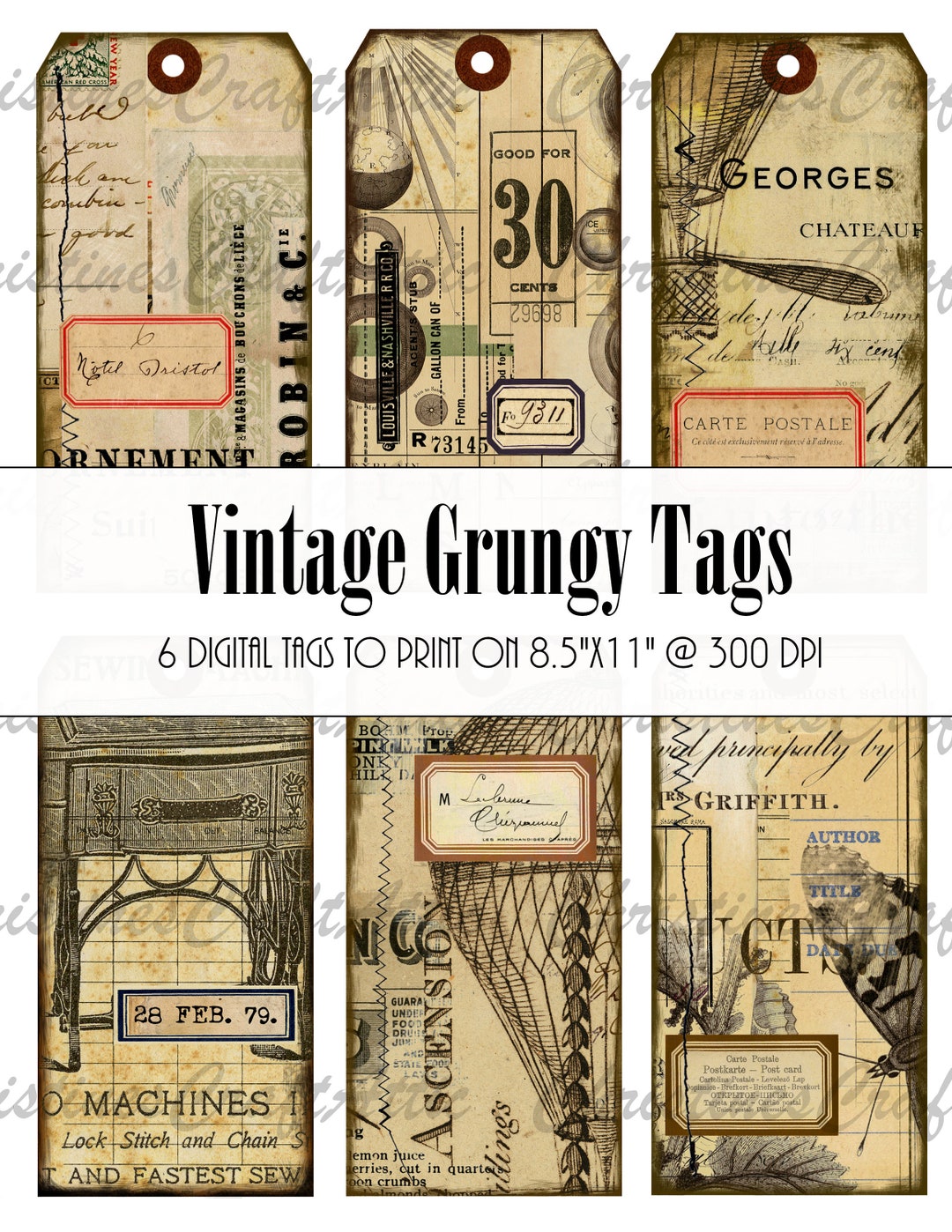 Vintage Grungy Tags- Digital Junk Journal Kit, Printables, Art Journal ...