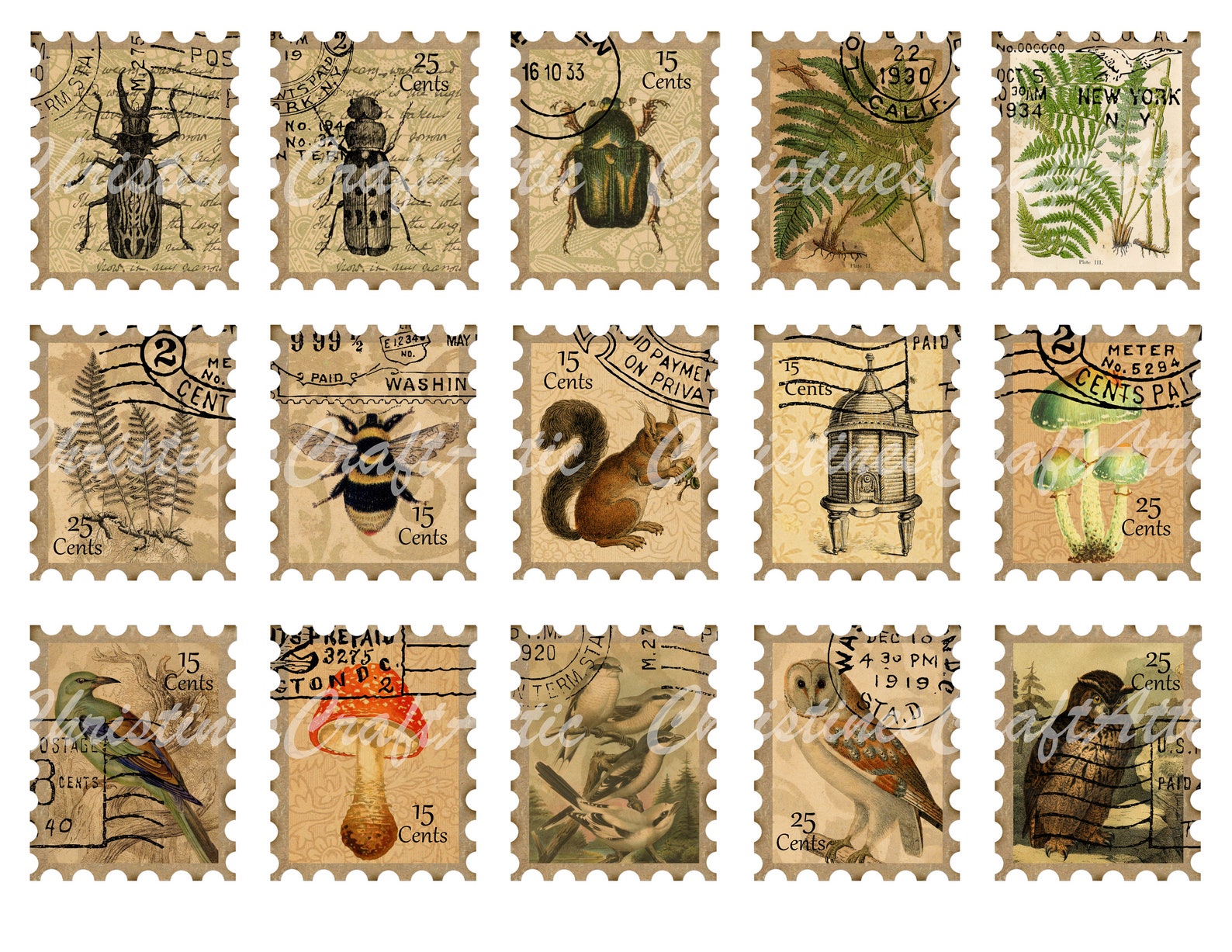 Vintage Postage Stamps Woodland Theme Printables, Junk Journal Ephemera ...