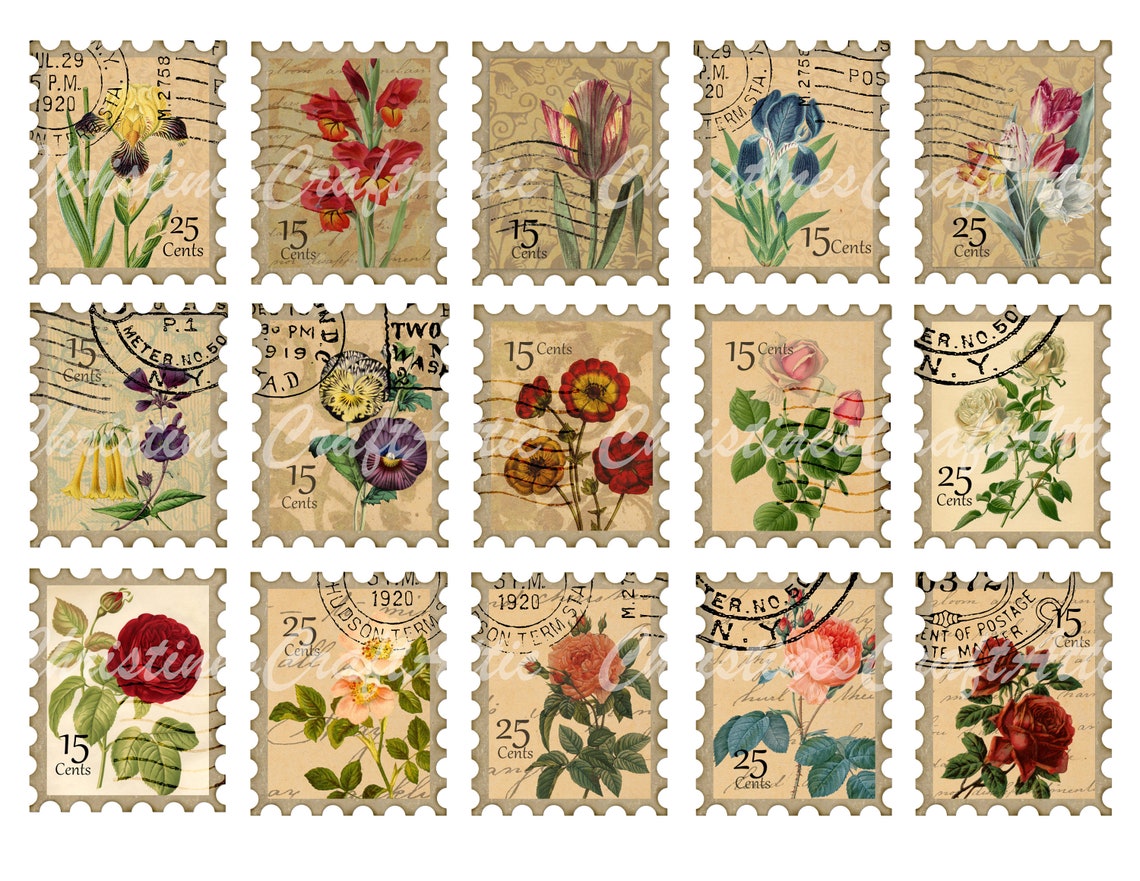 Vintage Postage Stamps Flowers Printables Junk Journal - Etsy