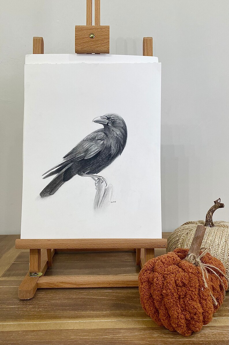 Crow Dark Bird Halloween Graphite Black and White Print 9x12 - Etsy