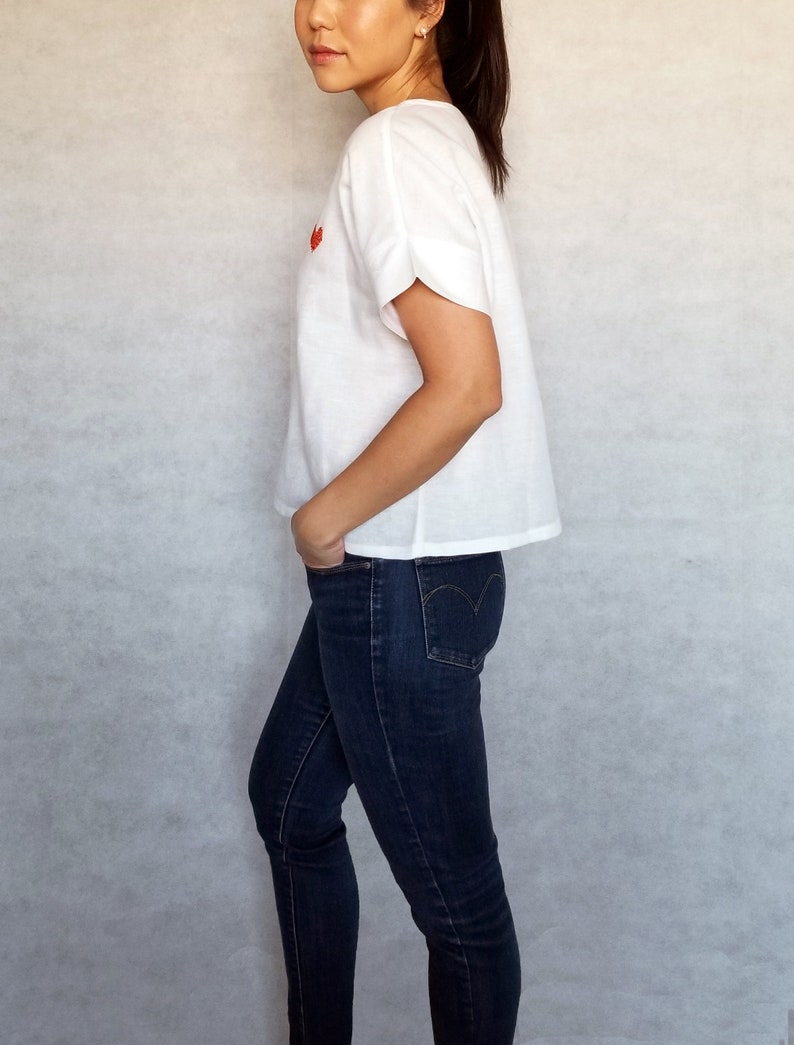 Embroidered Linen Boxy Top: Cropped Short Sleeve Blouse - Etsy