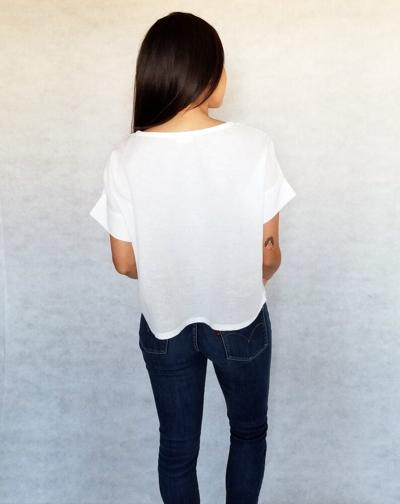 Embroidered Linen Boxy Top: Cropped Short Sleeve Blouse - Etsy