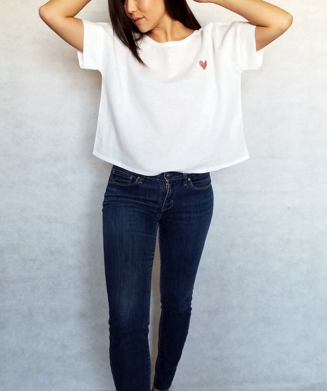 Embroidered Linen Boxy Top: Cropped Short Sleeve Blouse - Etsy