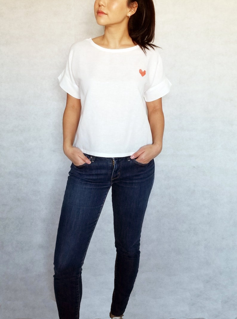 Embroidered Linen Boxy Top: Cropped Short Sleeve Blouse - Etsy