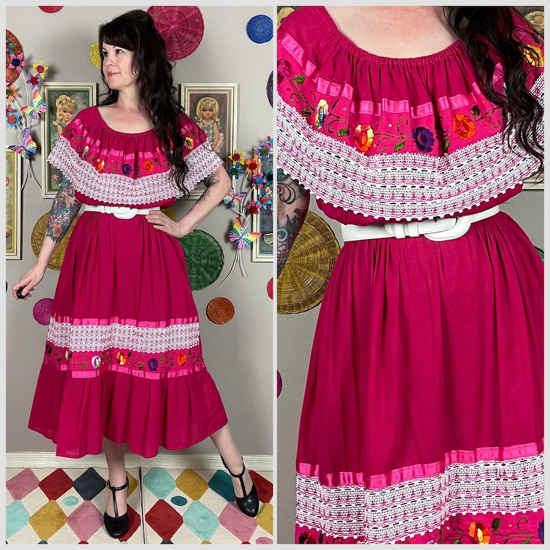 Vintage Hot Pink Floral Embroidered off the Shoulder Peasant Dress ...