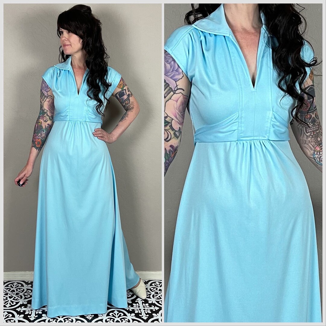 Vintage 1970s Blue Collared Short Sleeve A-line Dress | Bridesmaid ...