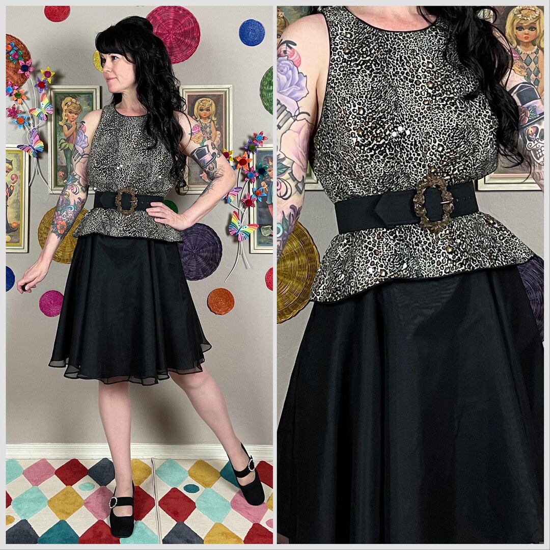 Vintage 1980s Leopard Print Sequins Chiffon Fit and Flare Dress by ...