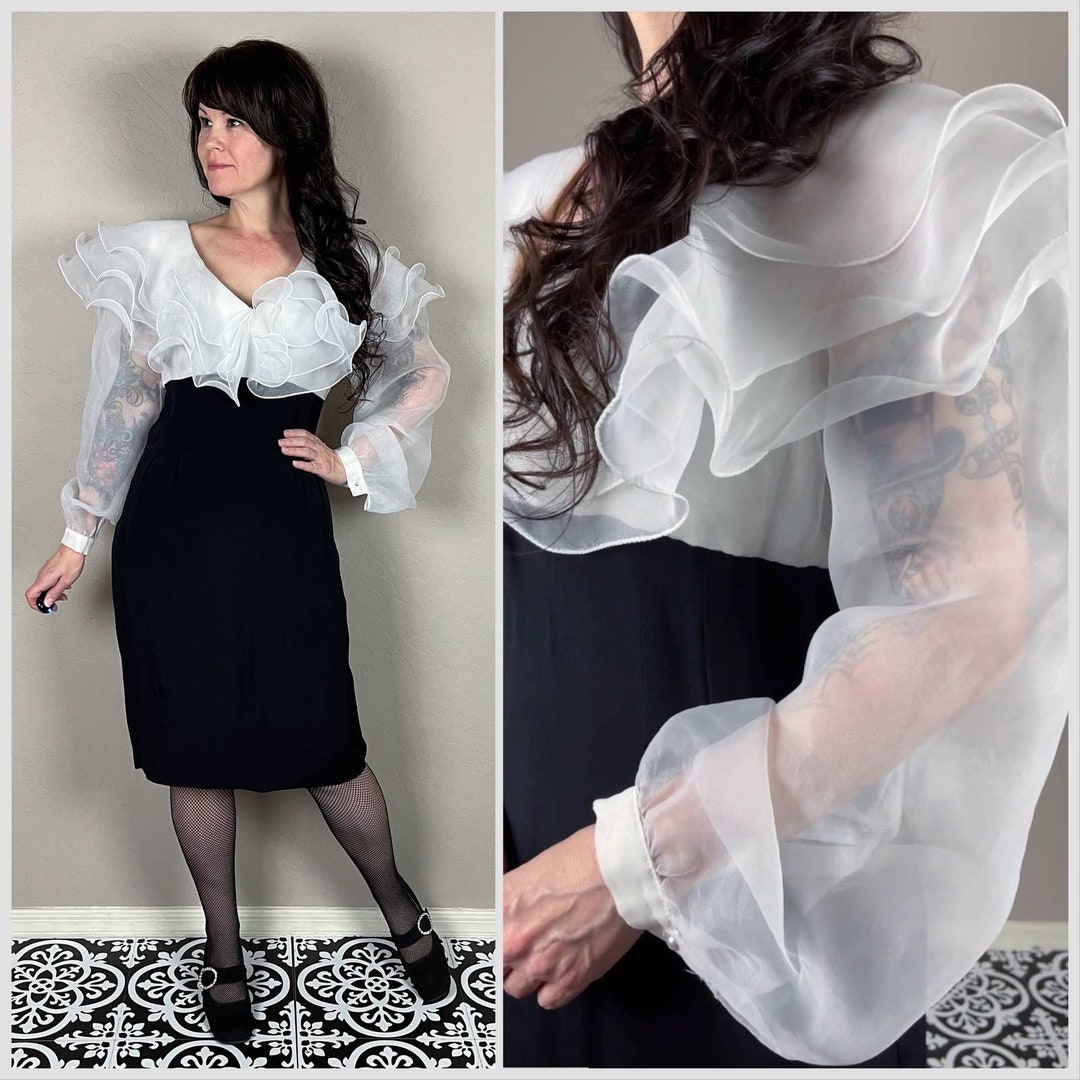 1980s Vintage White and Black Chiffon Ruffled Dress by Positively Ellyn ...