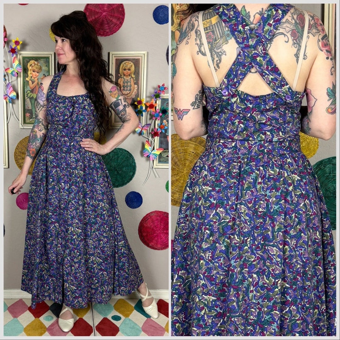 Vintage 1980s Purple Floral Crisscross Back Midi Sundress by George ...