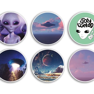 6 X 10cm Alien Vinyl Stickers UFO Outer Space Stay Weird Planet Science ...